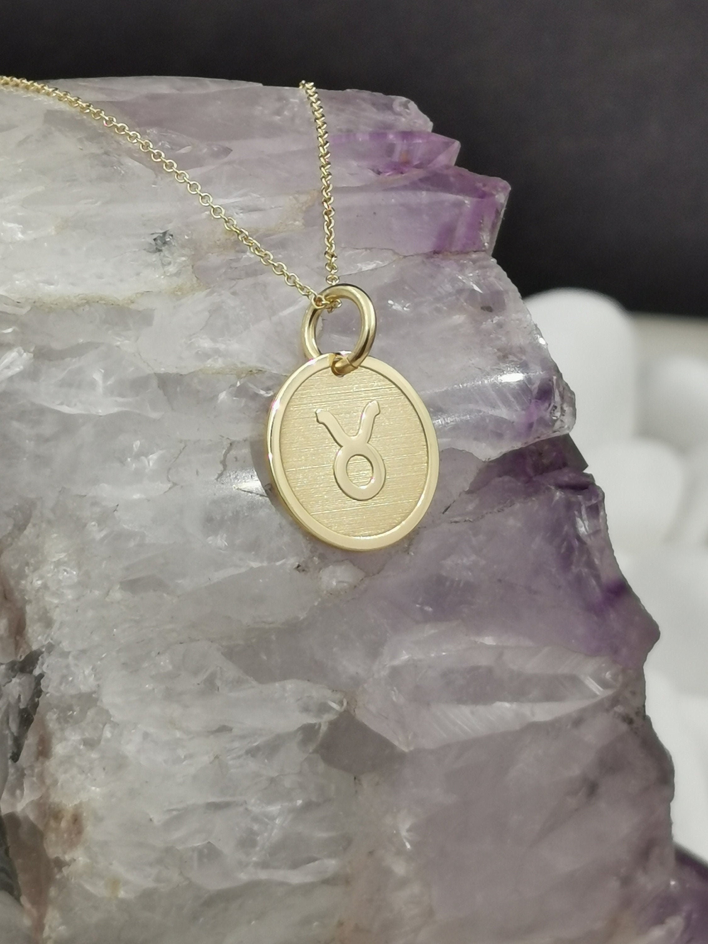 Dainty 14k Solid Gold Taurus Zodiac Necklace, Taurus Symbol Pendant ...
