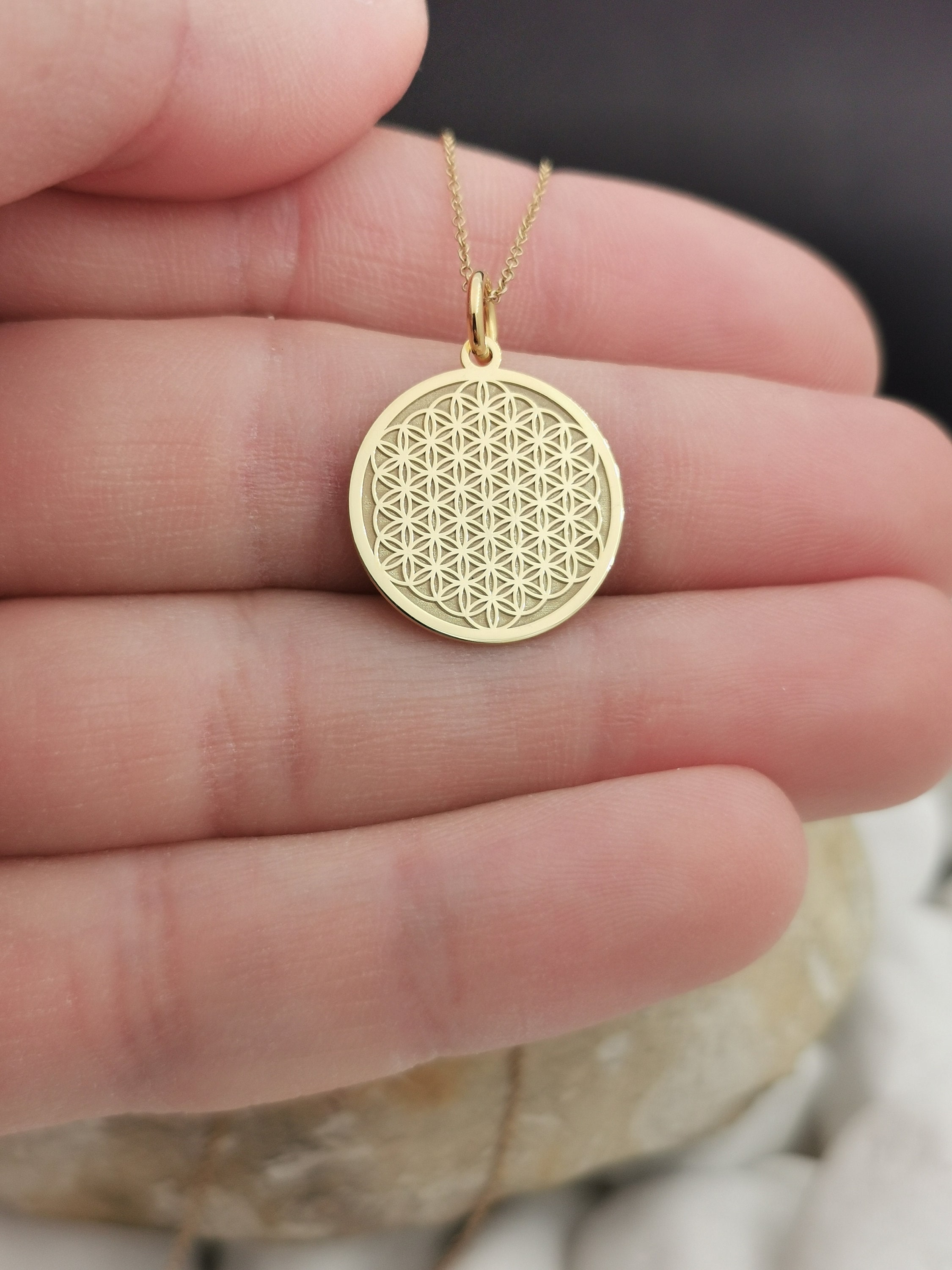 14k Solid Gold Flower of Life Necklace, Personalized Flower of Life ...