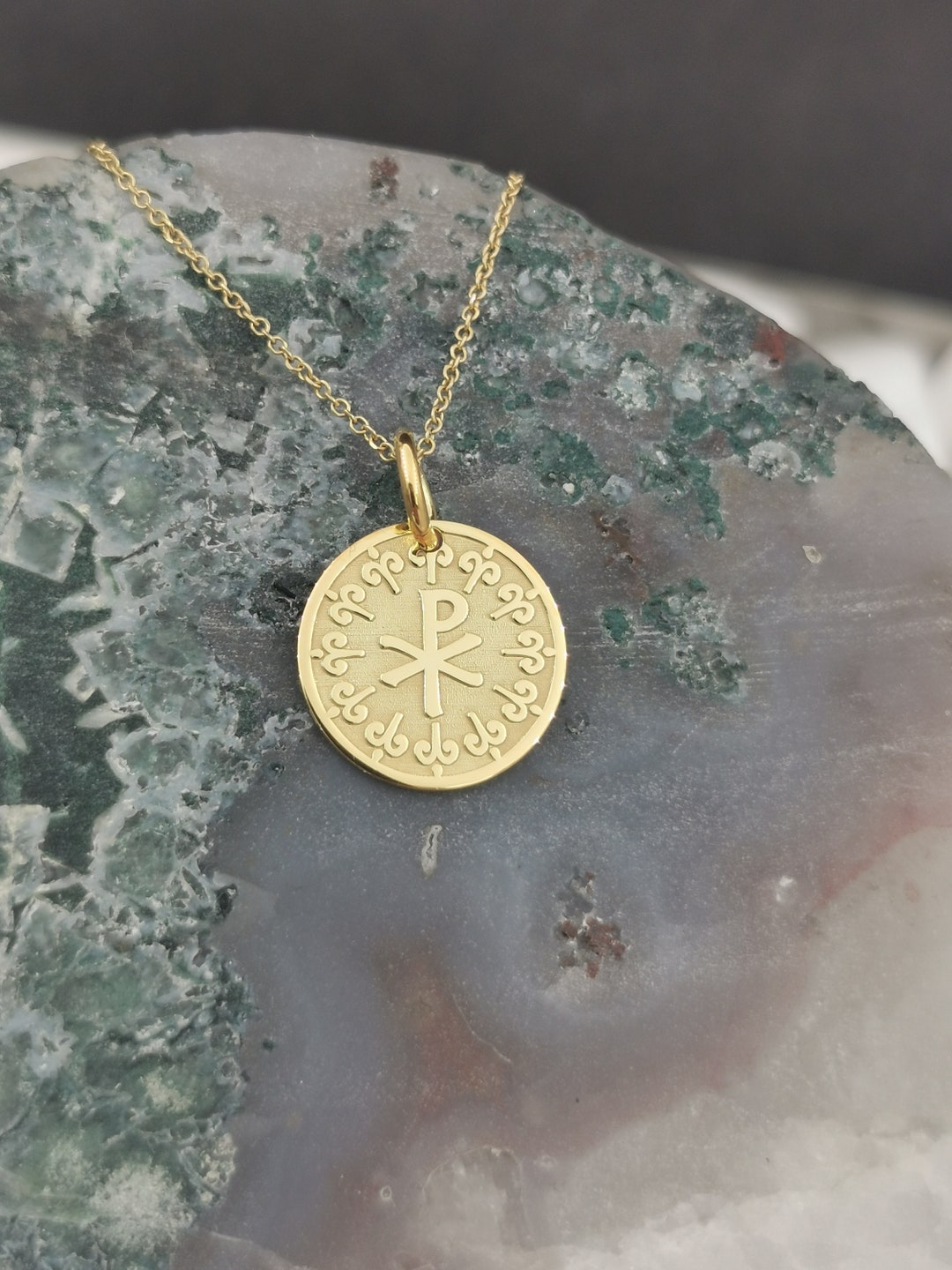 14k Solid Gold Chi Rho Cross Coin Necklace: Greek Orthodox Jewelry - Etsy