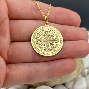 14k Solid Gold Moon Compass Pendant, Personalized Moon Phases Compass ...