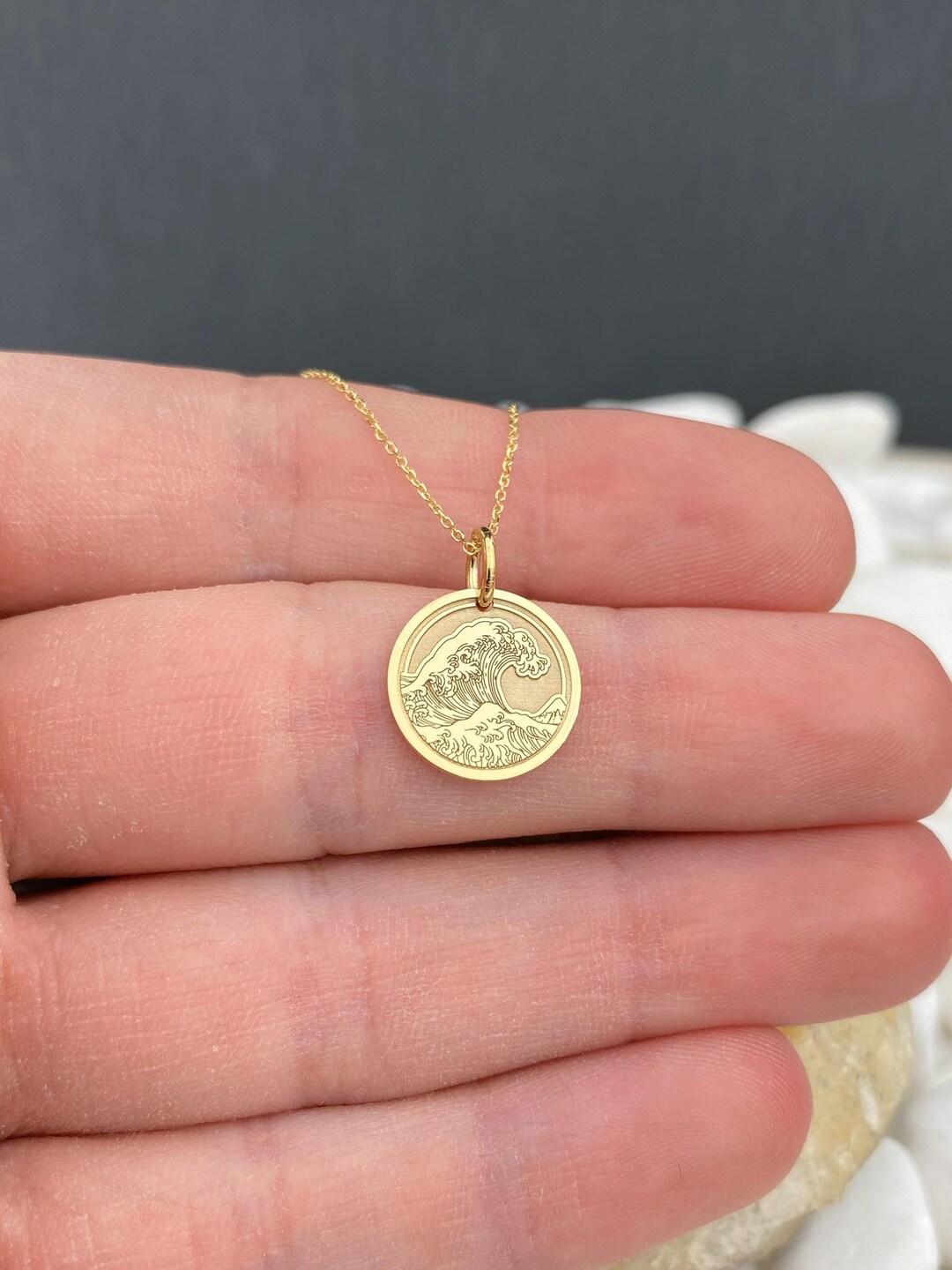 Dainty 14k Solid Gold Great Wave Necklace, Personalized Wave Pendant ...