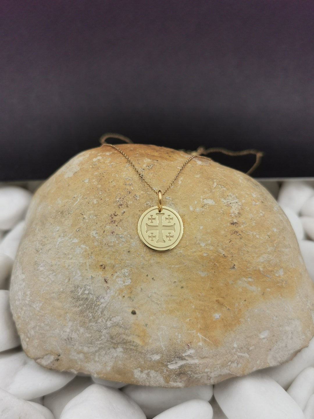 14k Solid Gold Jerusalem Cross Necklace, Personalized Cross Coin ...