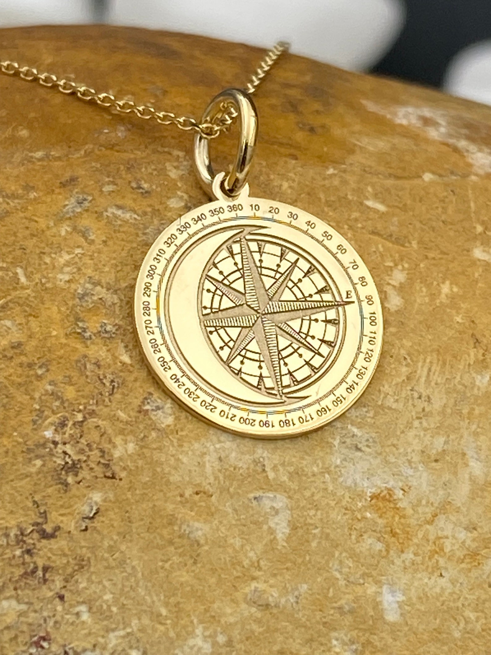 Dainty 14k Solid Gold Moon Compass Necklace, Personalized Compass Moon ...