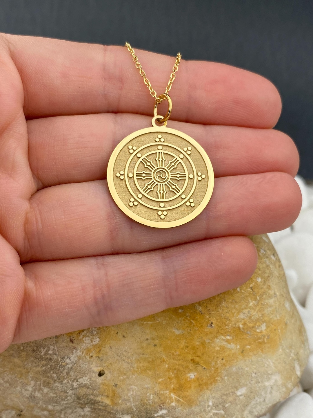 14k Solid Gold Dharma Chakra Necklace, Personalized Dharma Wheel ...