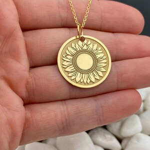 14k Solid Gold Sunflower Necklace, Personalized Sunflower Pendant, Gold ...