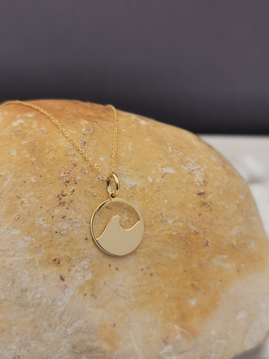 14k Solid Gold Dainty Wave Pendant Everyday Small Gold Disc | Etsy