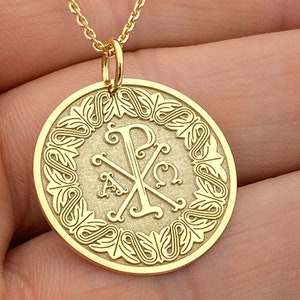 14k Solid Gold Chi Rho Cross Necklace, Personalized Cross Coin Necklace ...