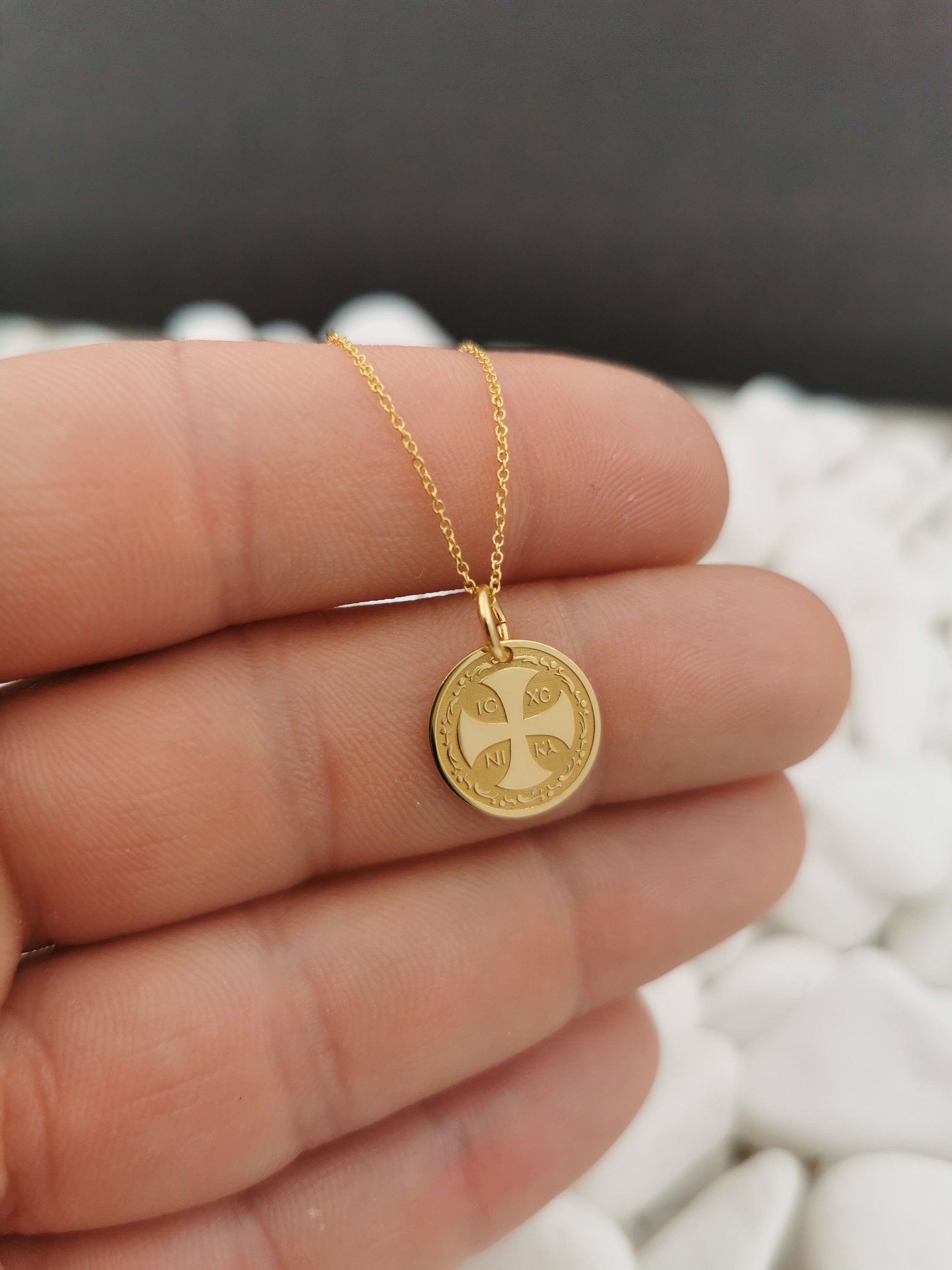 Dainty 14k Solid Gold Cross Coin Necklace for Protection | Etsy