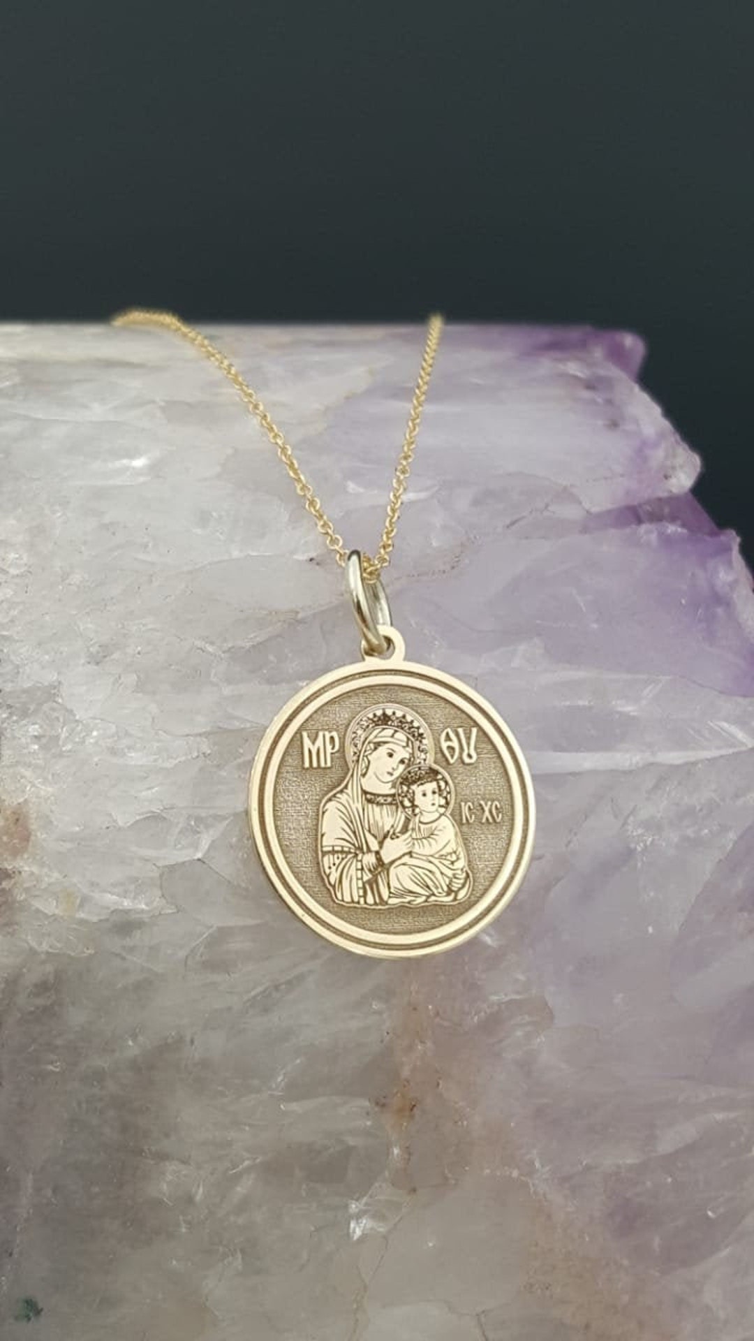 14k Solid Gold Virgin Mary Coin Necklace, Gold Disc Necklace, Dainty ...