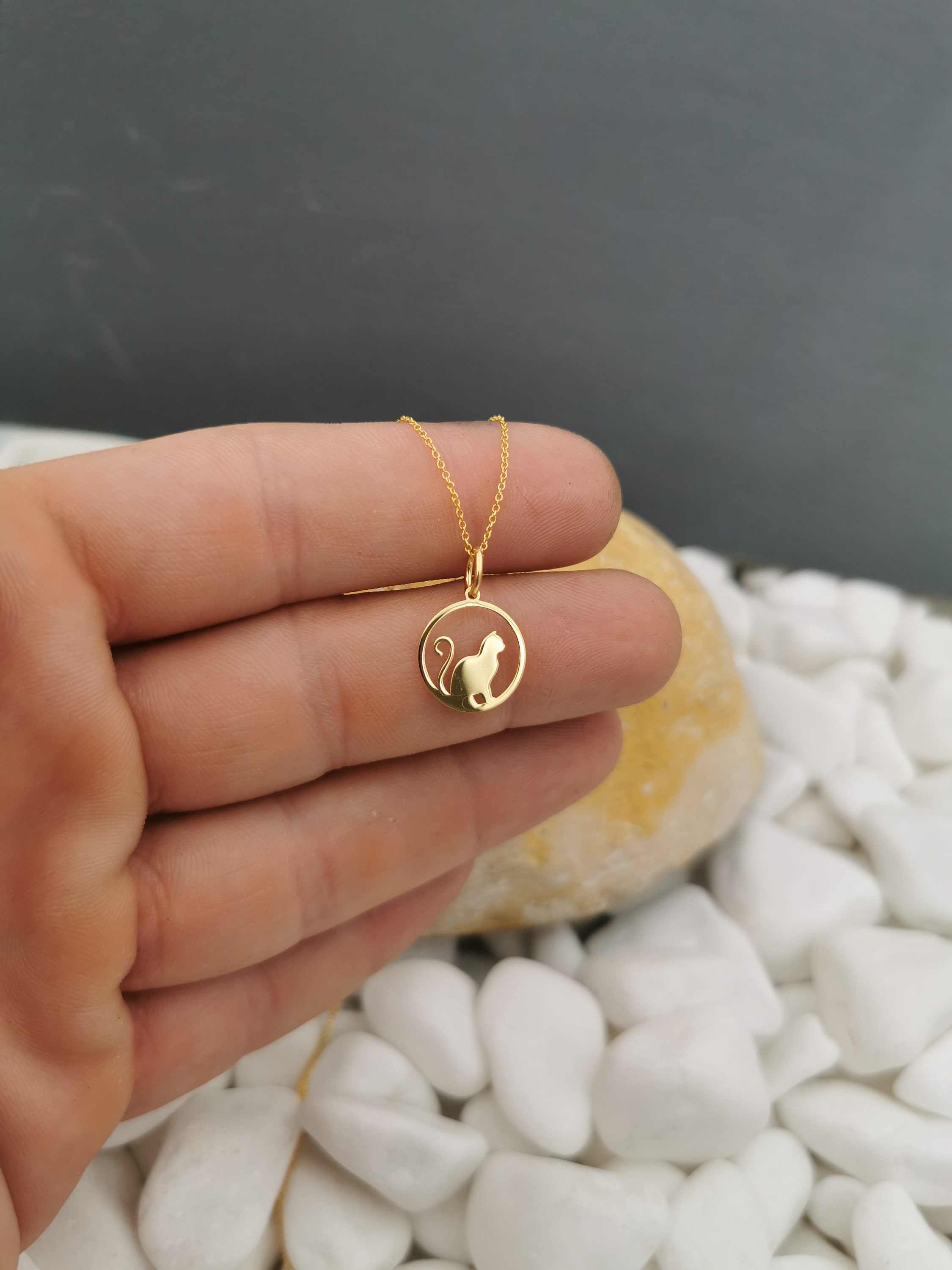 Dainty Gold Cat Necklace 14K Solid Gold Cat Pendant - Etsy