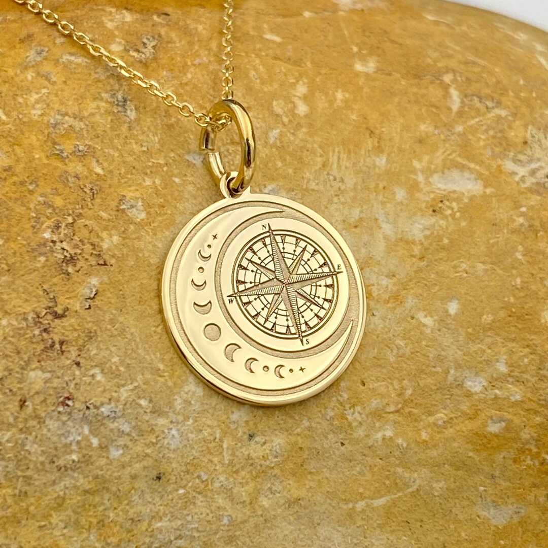 Dainty 14k Solid Gold Moon Compass Necklace: Personalized Charm Pendant ...