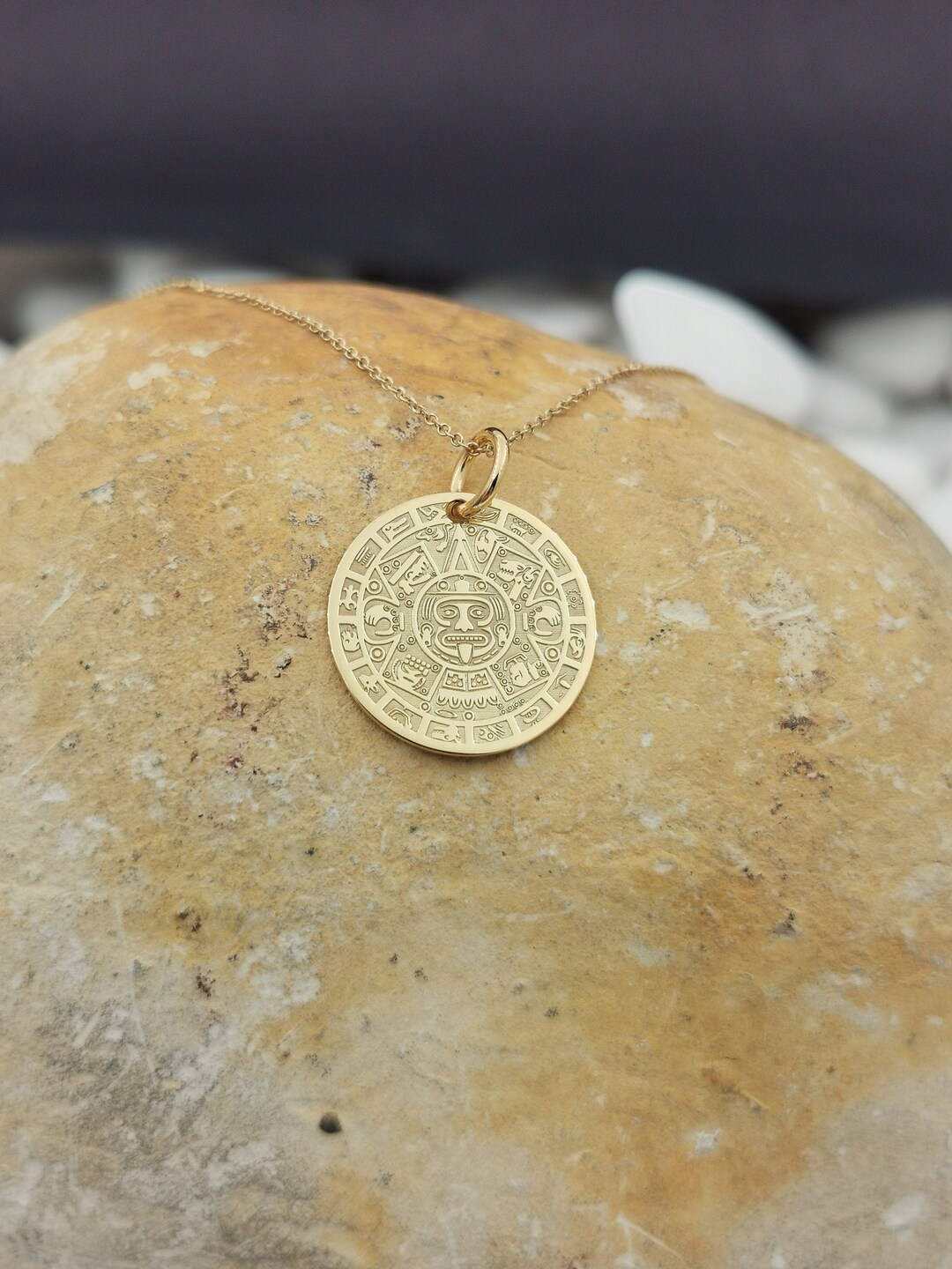 14k Aztec Calendar Necklace, Personalized Mayan Sun Calendar Pendant ...