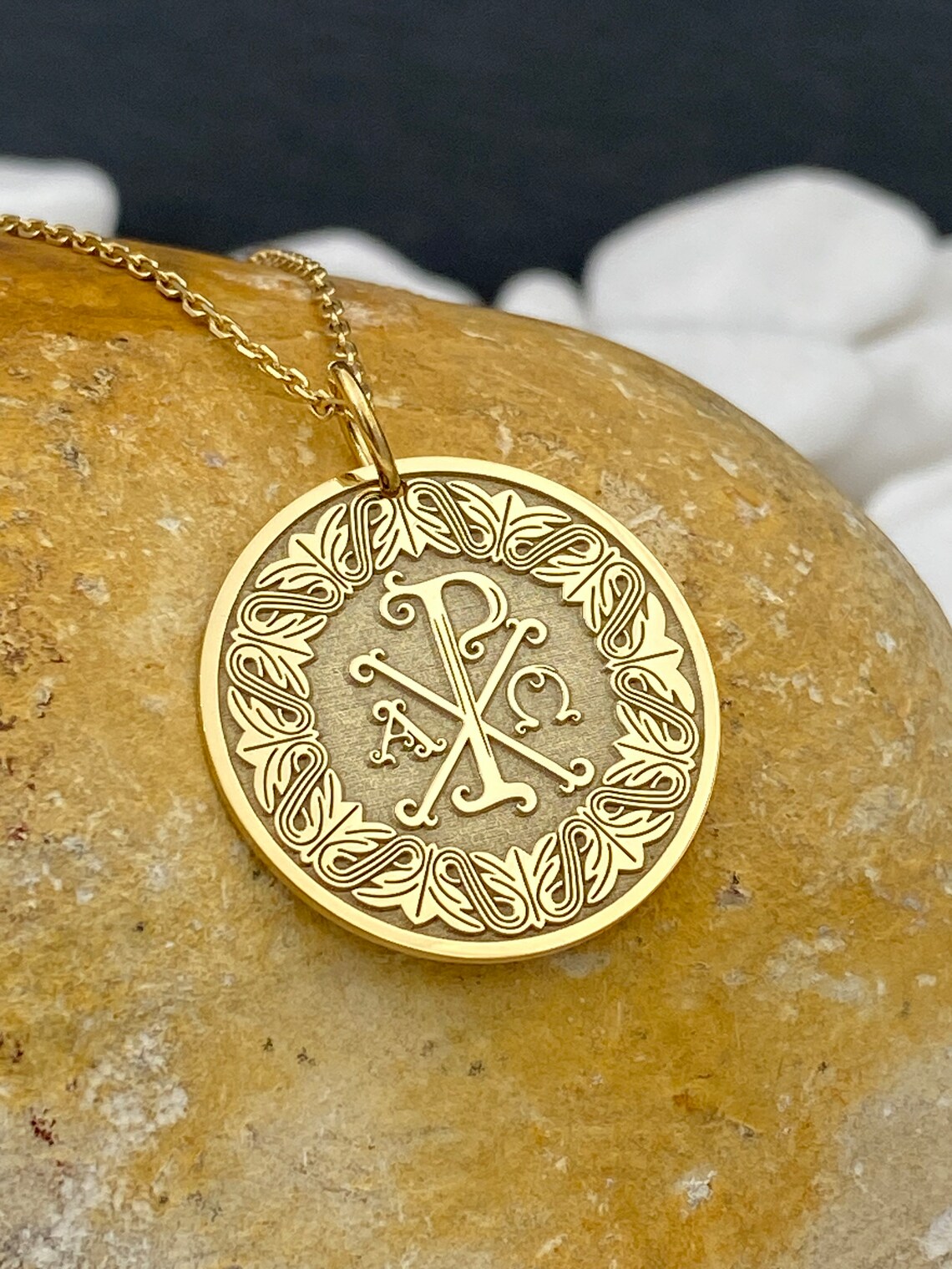 14k Solid Gold Chi Rho Cross Necklace, Personalized Cross Coin Necklace ...