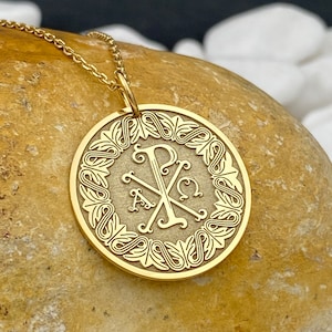 14k Solid Gold Chi Rho Cross Necklace, Personalized Cross Coin Necklace ...