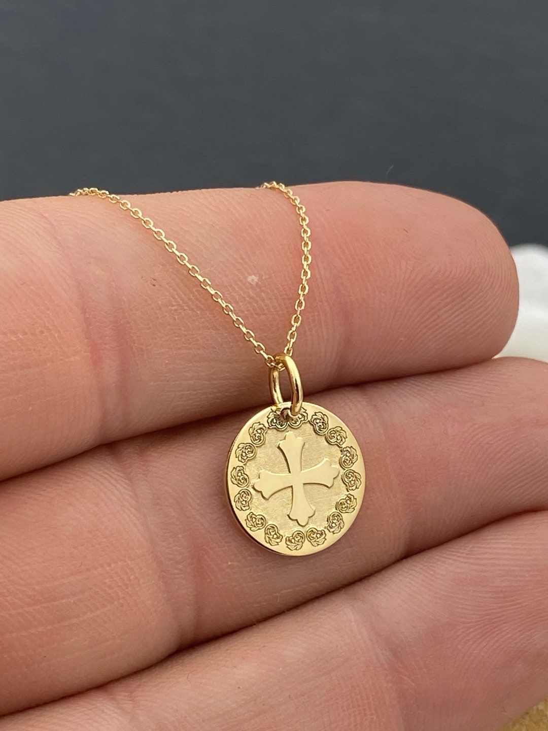 Dainty 14k Solid Gold Constantine Coin Necklace, Personalized Cross ...