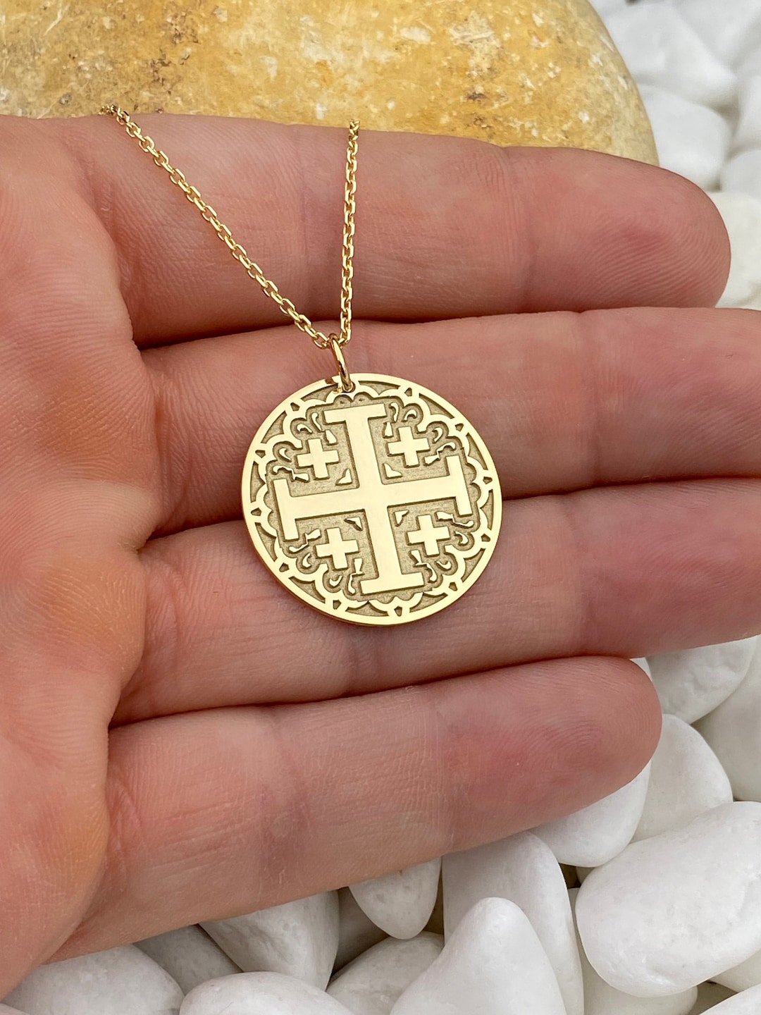 14k Solid Gold Jerusalem Cross Necklace, Personalized Cross Coin ...