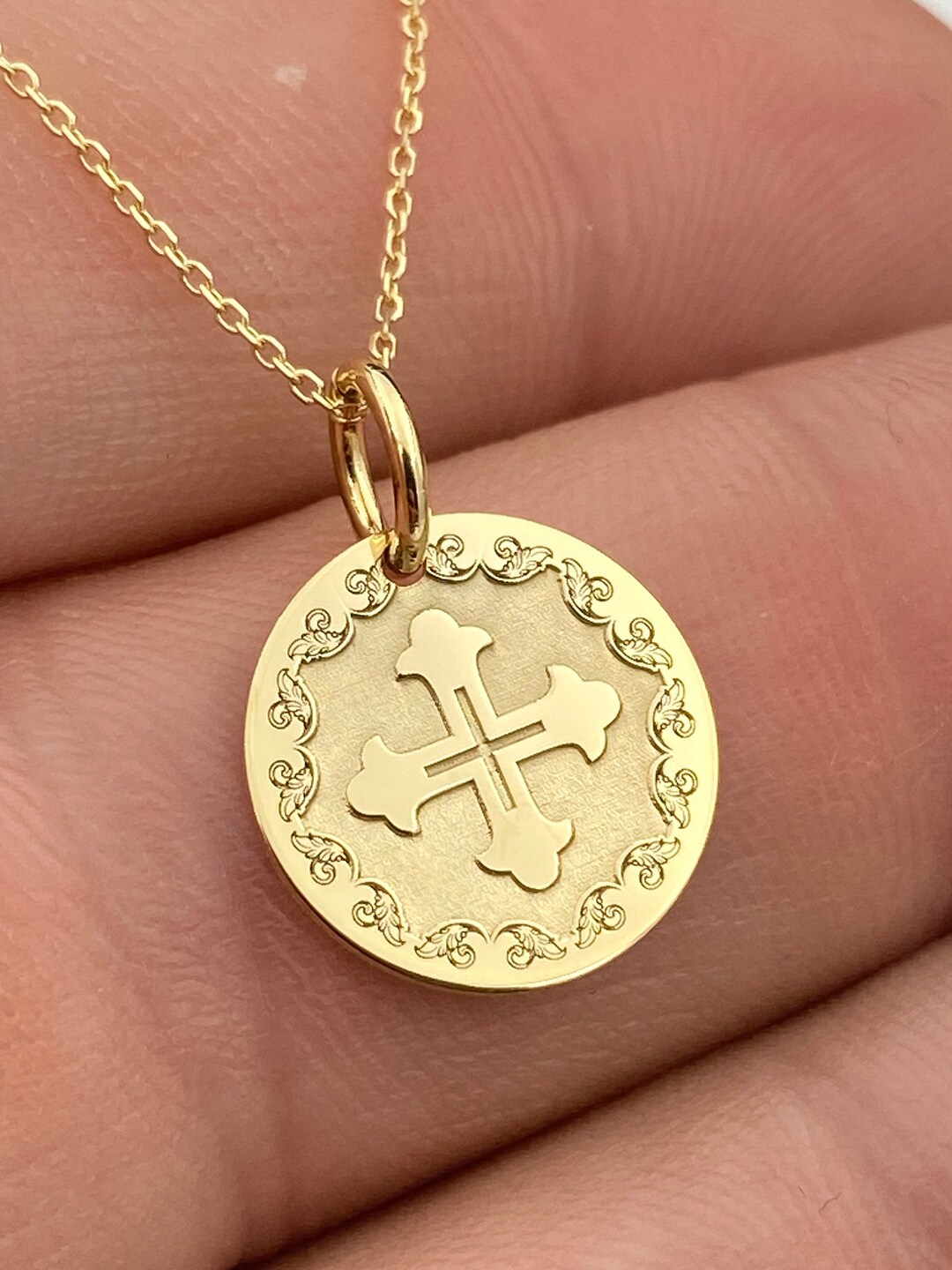 Dainty 14k Solid Gold Constantine Coin Necklace, Personalized Cross ...