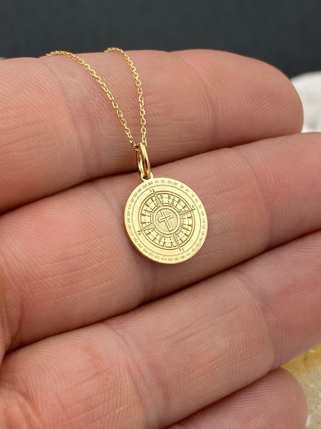 Dainty 14k Solid Gold Cross Compass Necklace, Personalized Compass With ...
