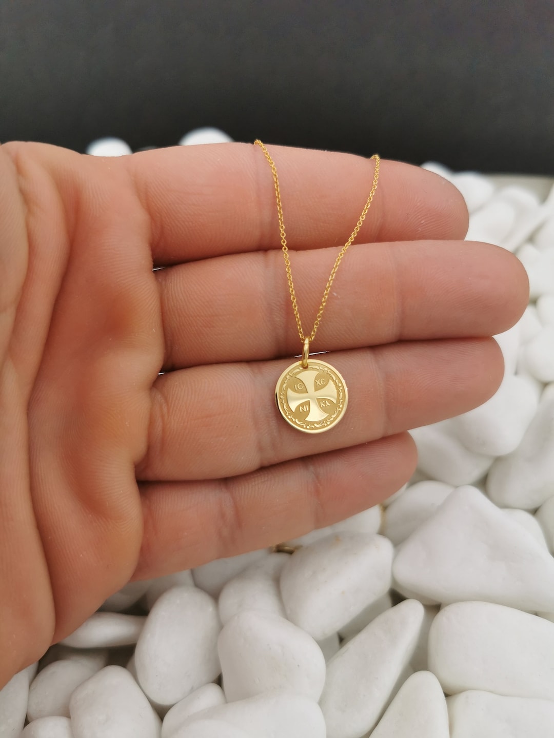 14k Solid Gold Cross Coin Necklace: Greek Orthodox Baptism Gift - Etsy