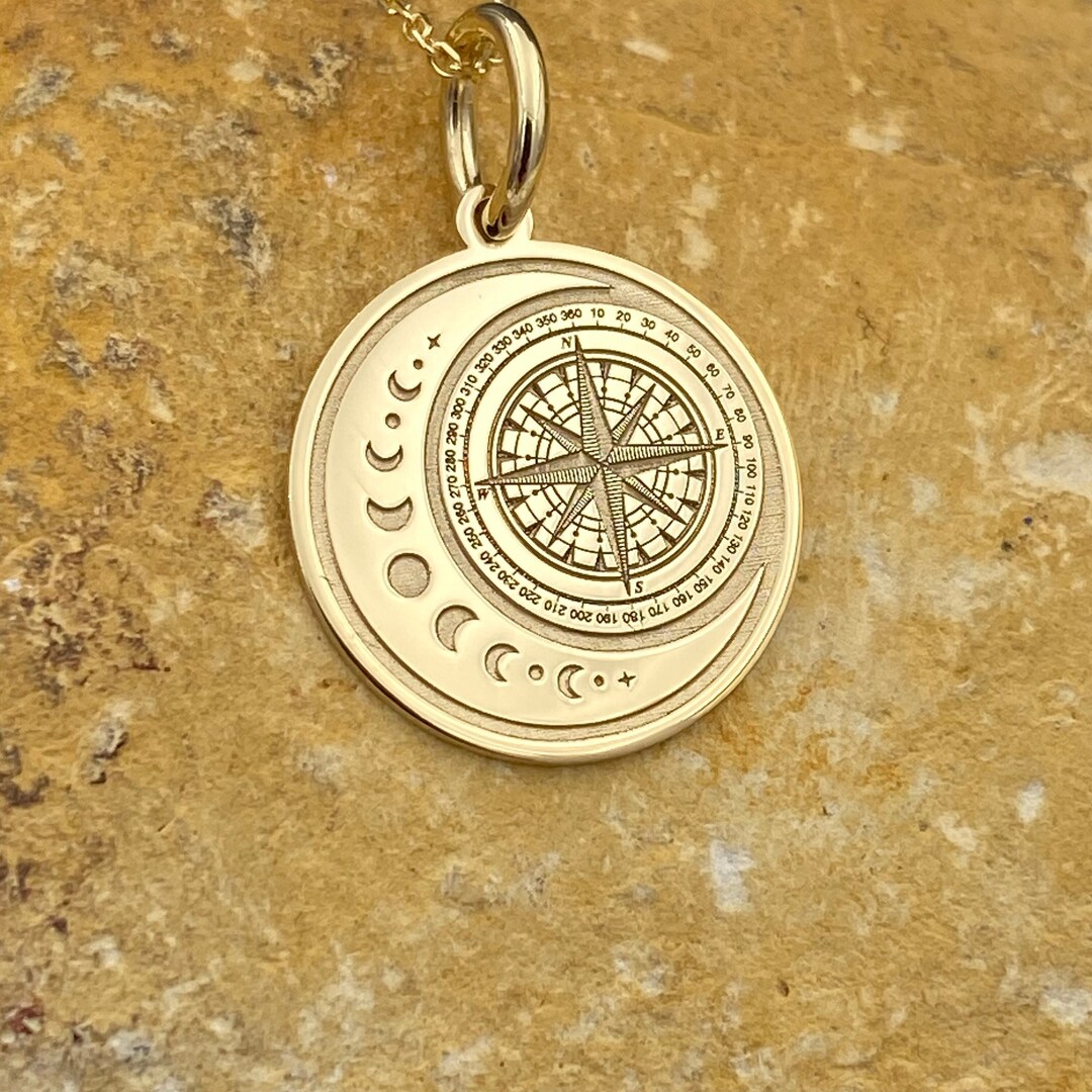Dainty 14k Solid Gold Moon Compass Pendant, Personalized Moon Compass ...