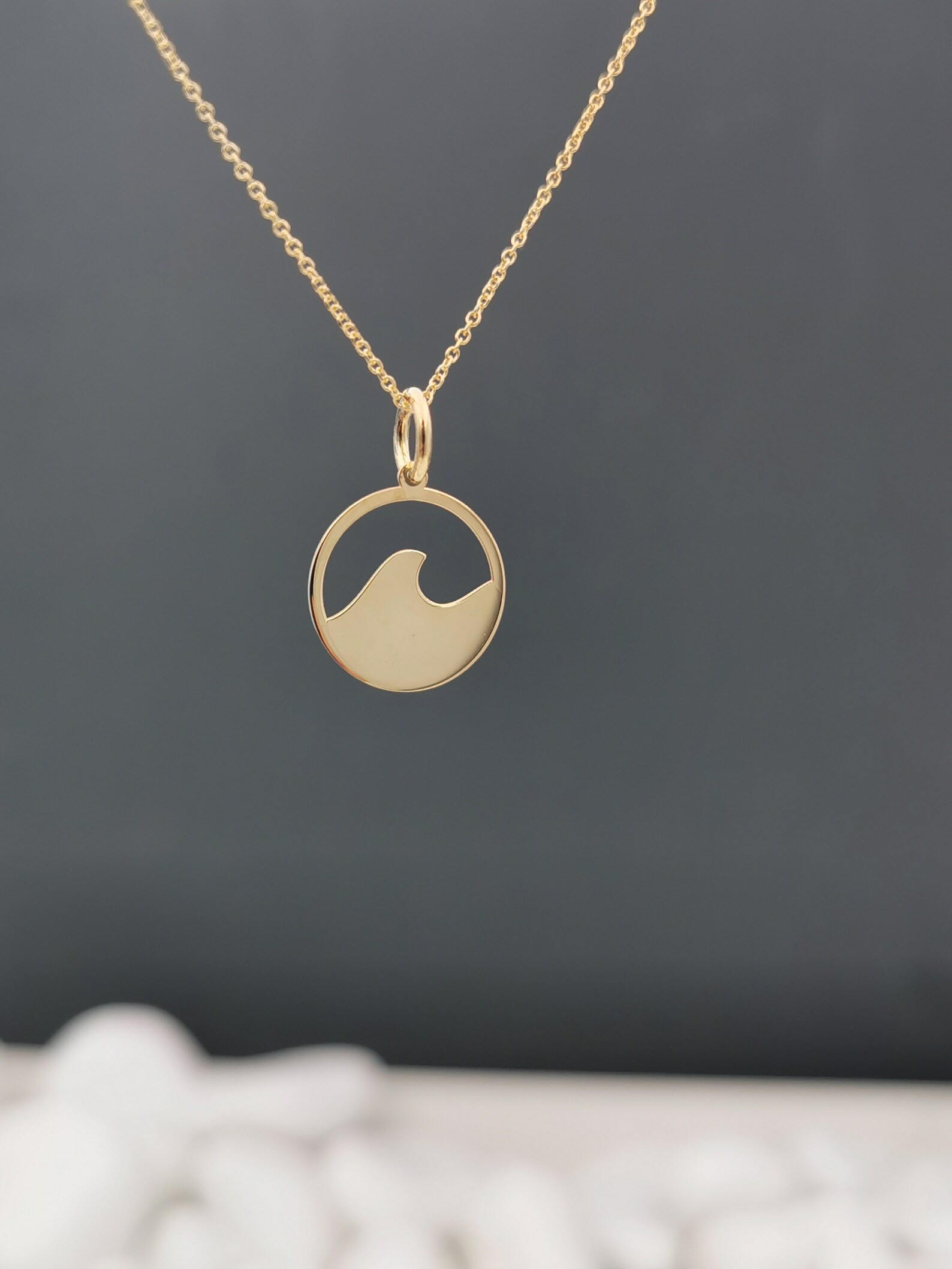 14k Solid Gold Dainty Wave Pendant Everyday Small Gold Disc | Etsy