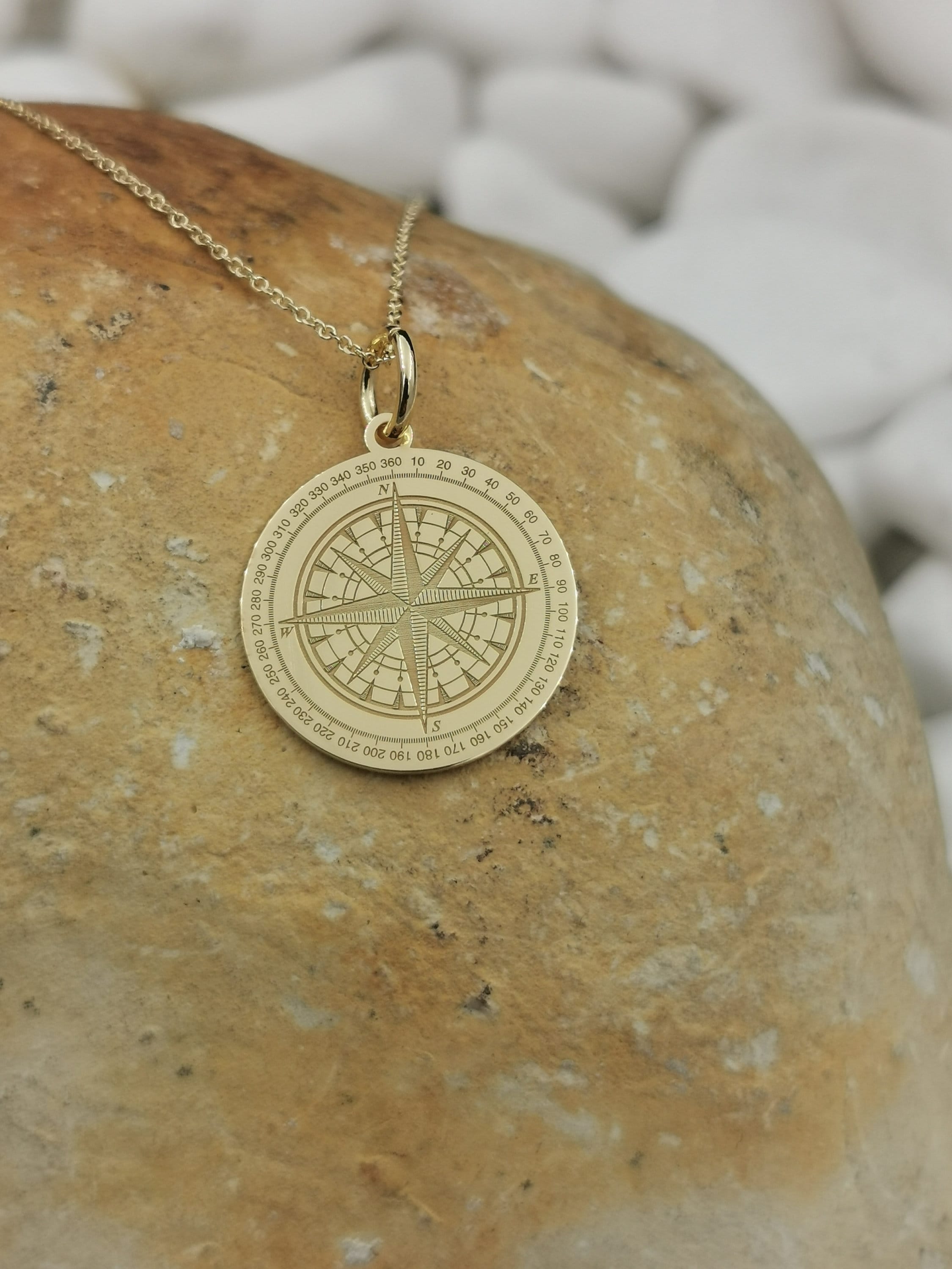 0,65 Inch (16,5mm) Compass Necklace 14K Solid Gold, Compass Jewelry ...
