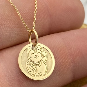 Dainty 14k Solid Gold Maneki Neko Cat Pendant , Personalized Maneki ...