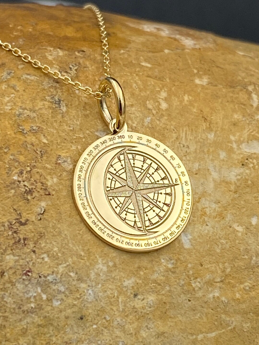Dainty 14k Solid Gold Moon Compass Necklace, Personalized Compass Moon ...
