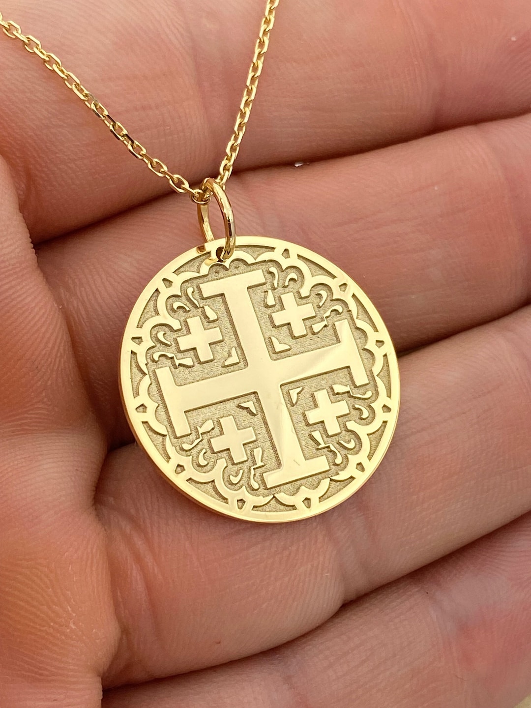 14k Solid Gold Jerusalem Cross Necklace, Personalized Cross Coin ...
