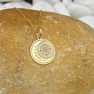 Dainty 14k Solid Gold Moon Compass Pendant, Personalized Moon Compass ...