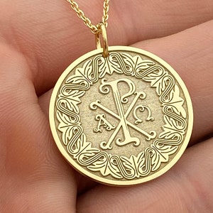 14k Solid Gold Chi Rho Cross Necklace, Personalized Cross Coin Necklace ...