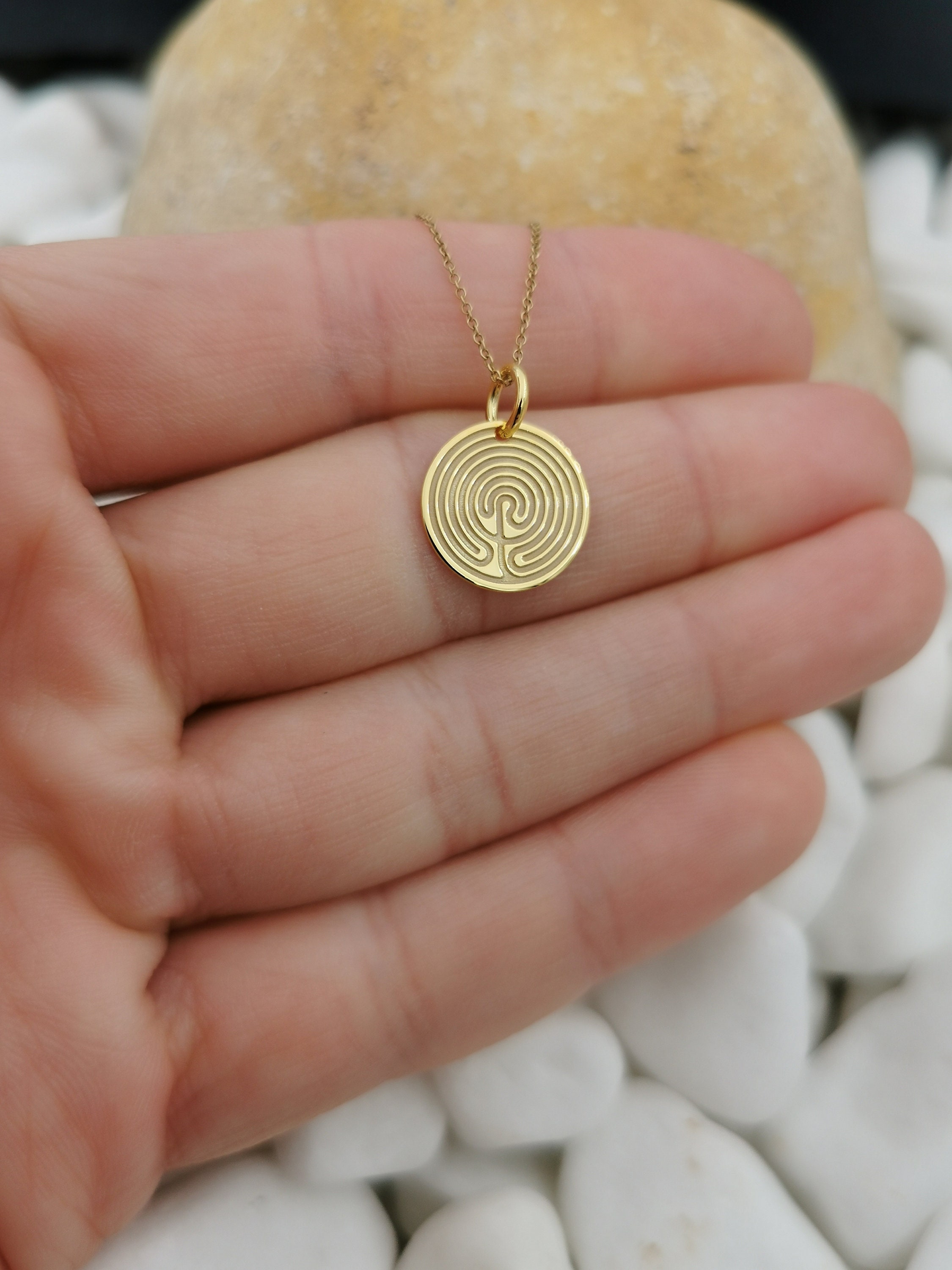 Dainty 14k Solid Gold Labyrinth Pendant Personalized - Etsy