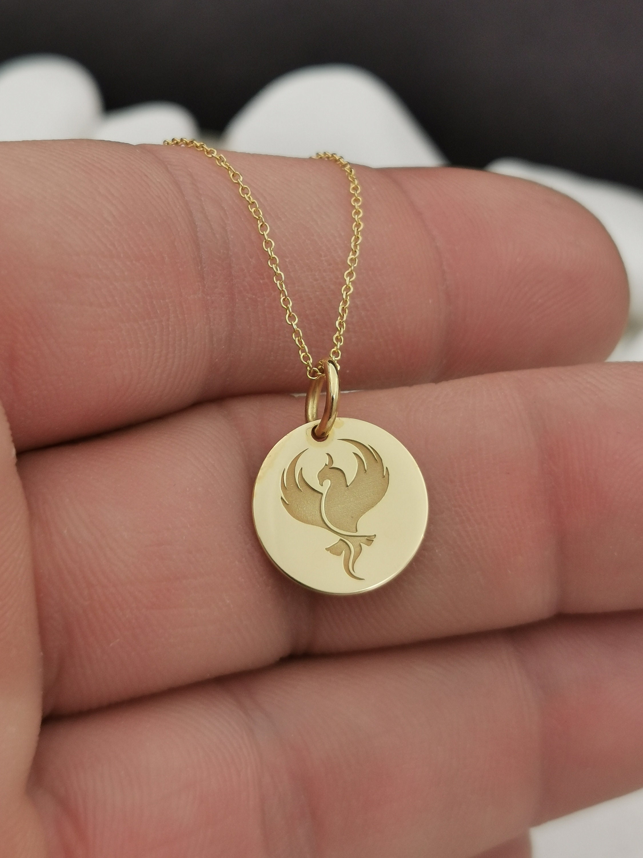 Dainty 14k Solid Gold Phoenix Bird Necklace Personalized | Etsy