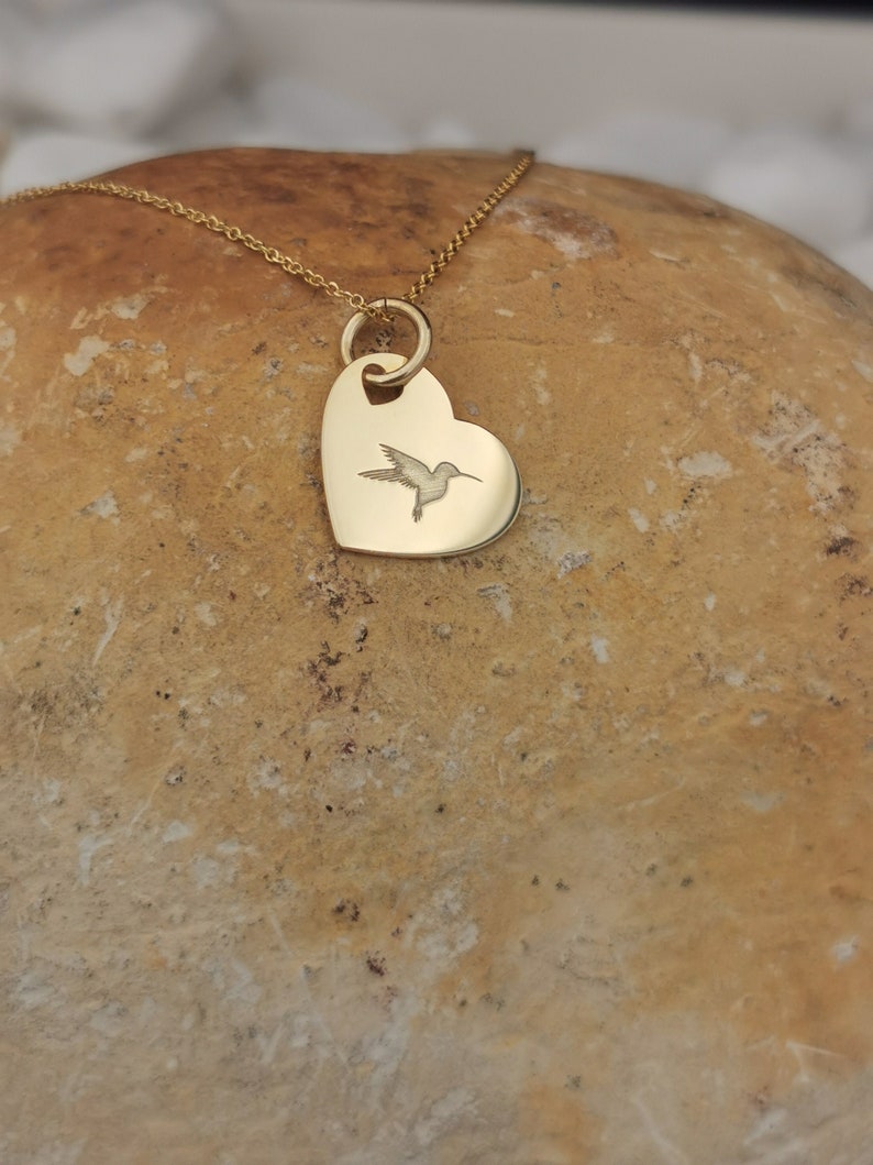 Dainty Solid Gold Hummingbird Necklace, 14k Personalized Heart Pendant ...