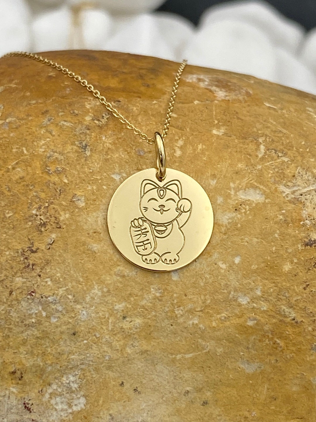 Dainty 14k Solid Gold Maneki Neko Cat Pendant , Personalized Maneki ...