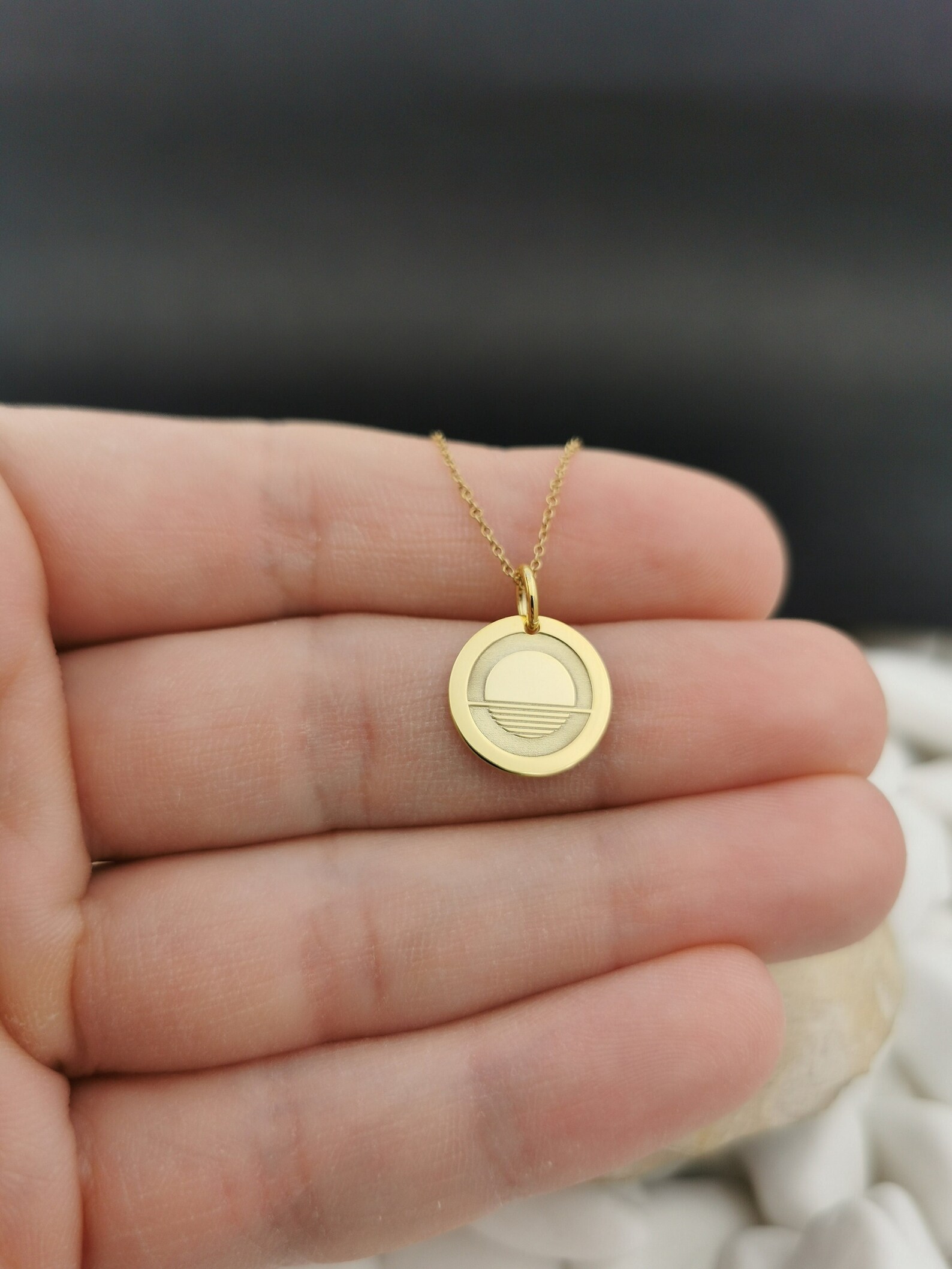 Dainty 14k Solid Gold Sunset and the Sea Necklace, Personalized Sunset ...