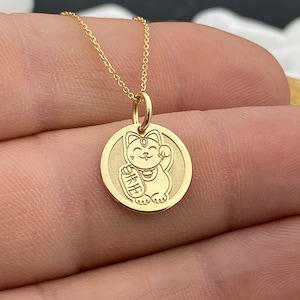Dainty 14k Solid Gold Maneki Neko Cat Pendant , Personalized Maneki ...