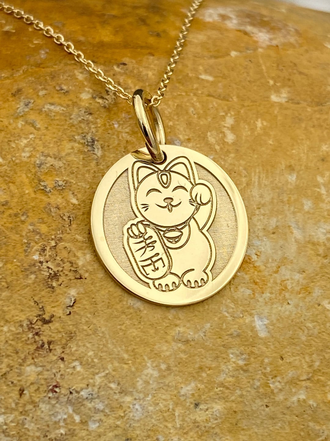 Dainty 14k Solid Gold Maneki Neko Cat Pendant , Personalized Maneki ...