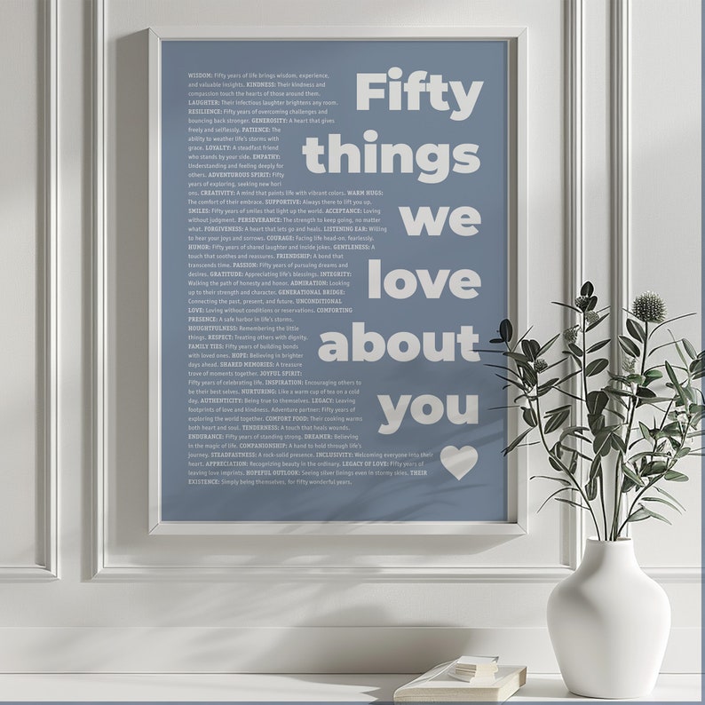 50 Reasons Why We Love You Poster Frame Personalized 50th Birthday Gift ...
