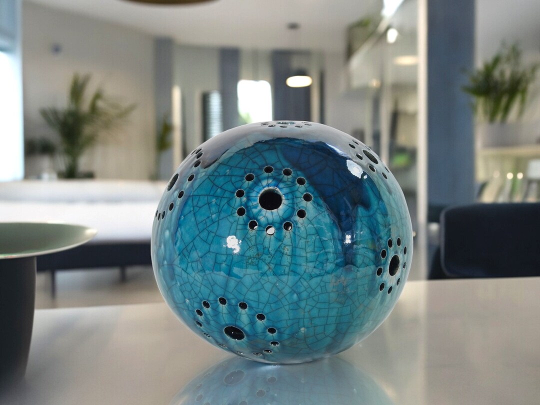 Spherical Blue Raku Ceramic Table Lamp, Luminous Handmade Art, Ceramic ...