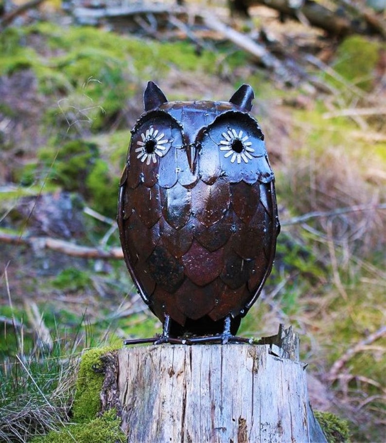 Metal Owl Garden Ornament Sculpture Art - Handmade Recycled Metal Bird ...