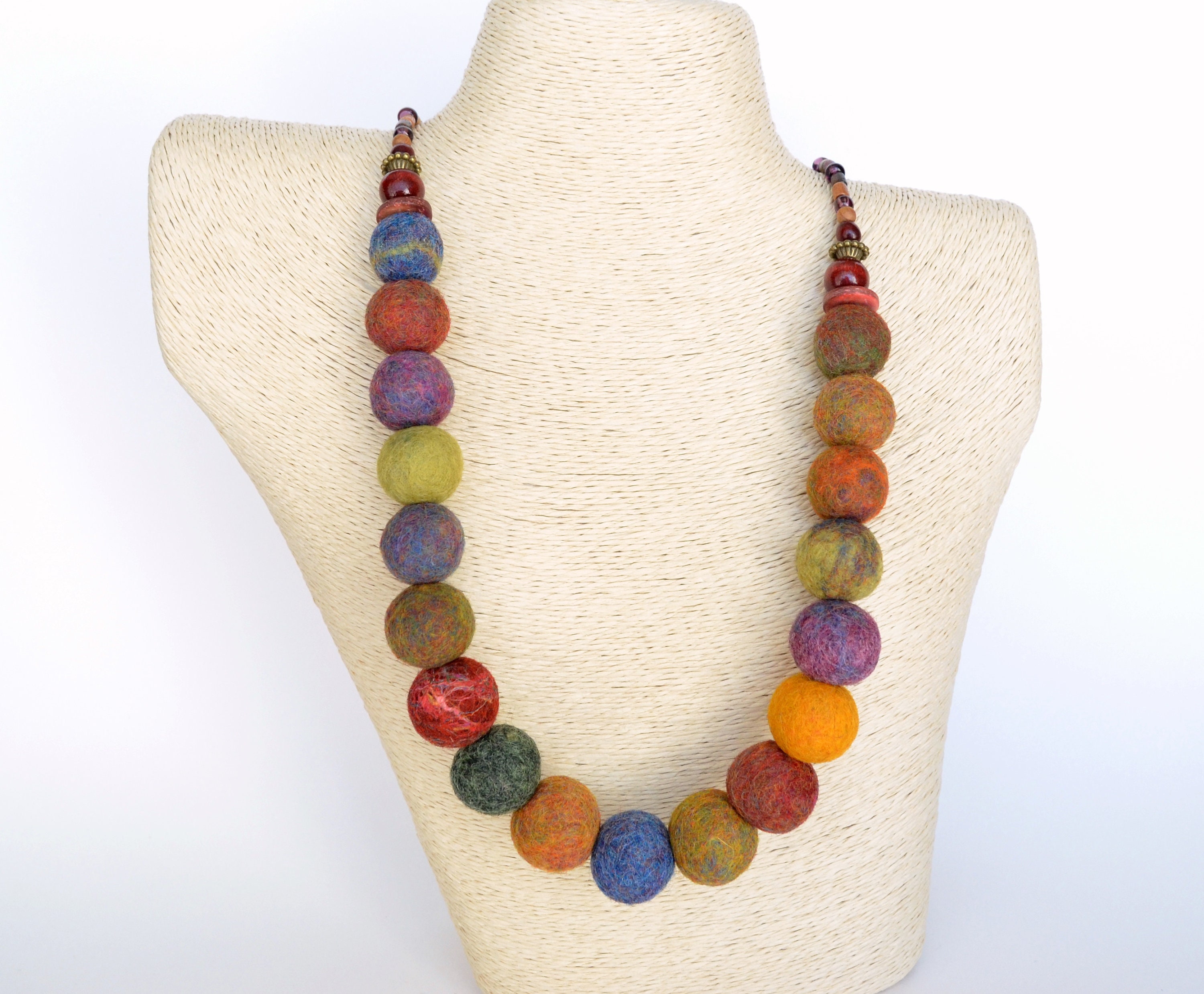 Felted Bead Necklace Multicolor Necklace Rainbow Pompom Etsy