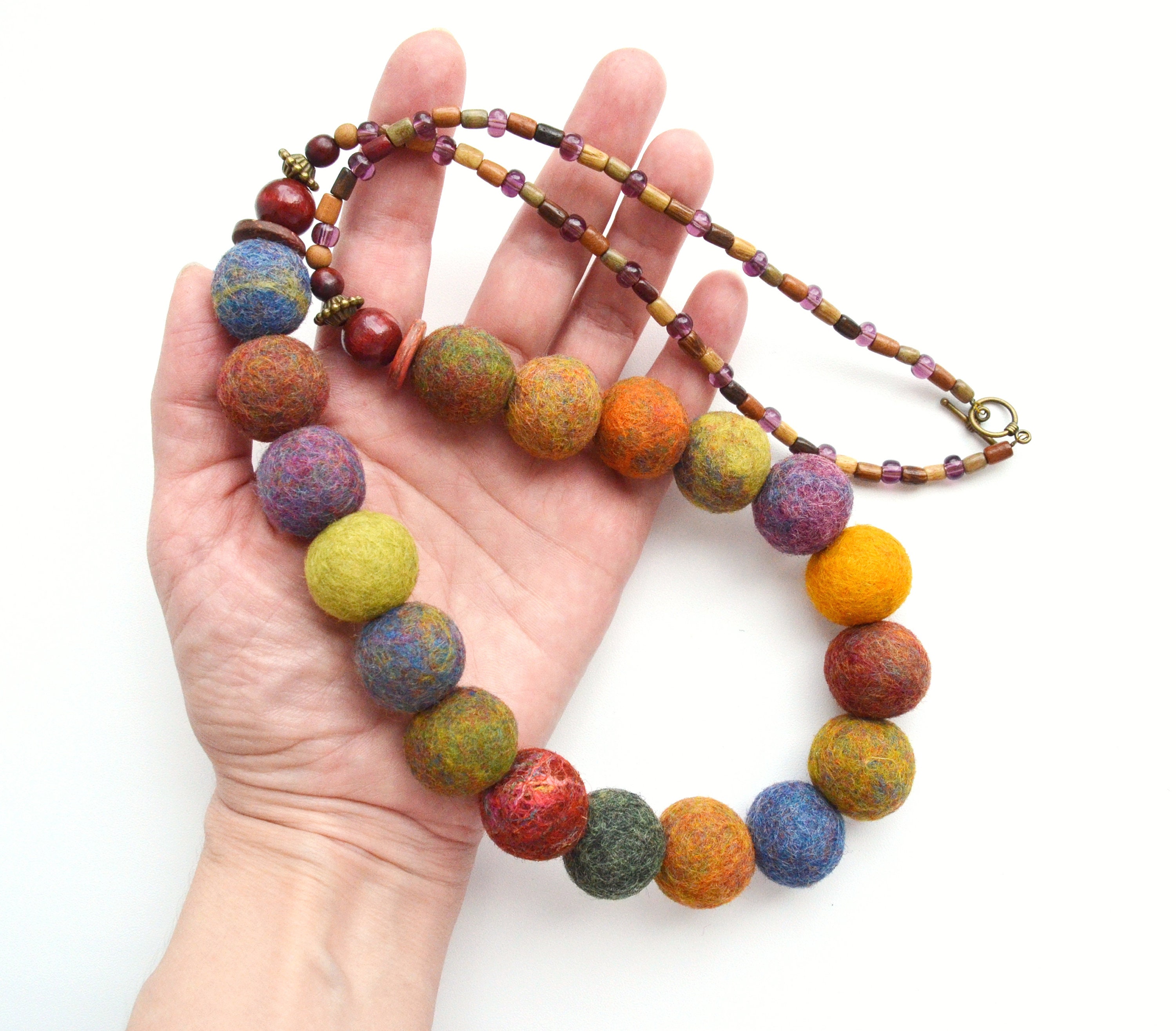 Felted Bead Necklace Multicolor Necklace Rainbow Pompom Etsy