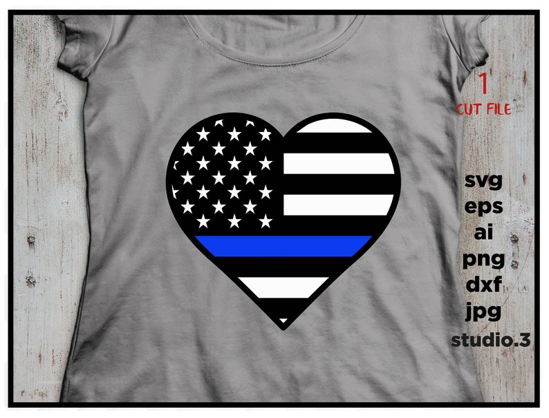 Police heart thin blue line usa flag SVG cut file dxf jpg | Etsy