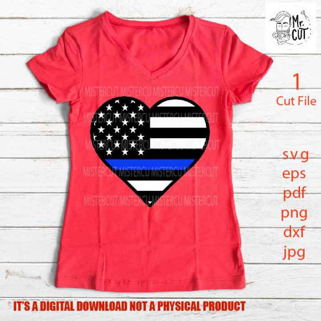 Police Heart Thin Blue Line Usa Flag SVG, Cut File, Dxf, Jpg, Png, Ai ...