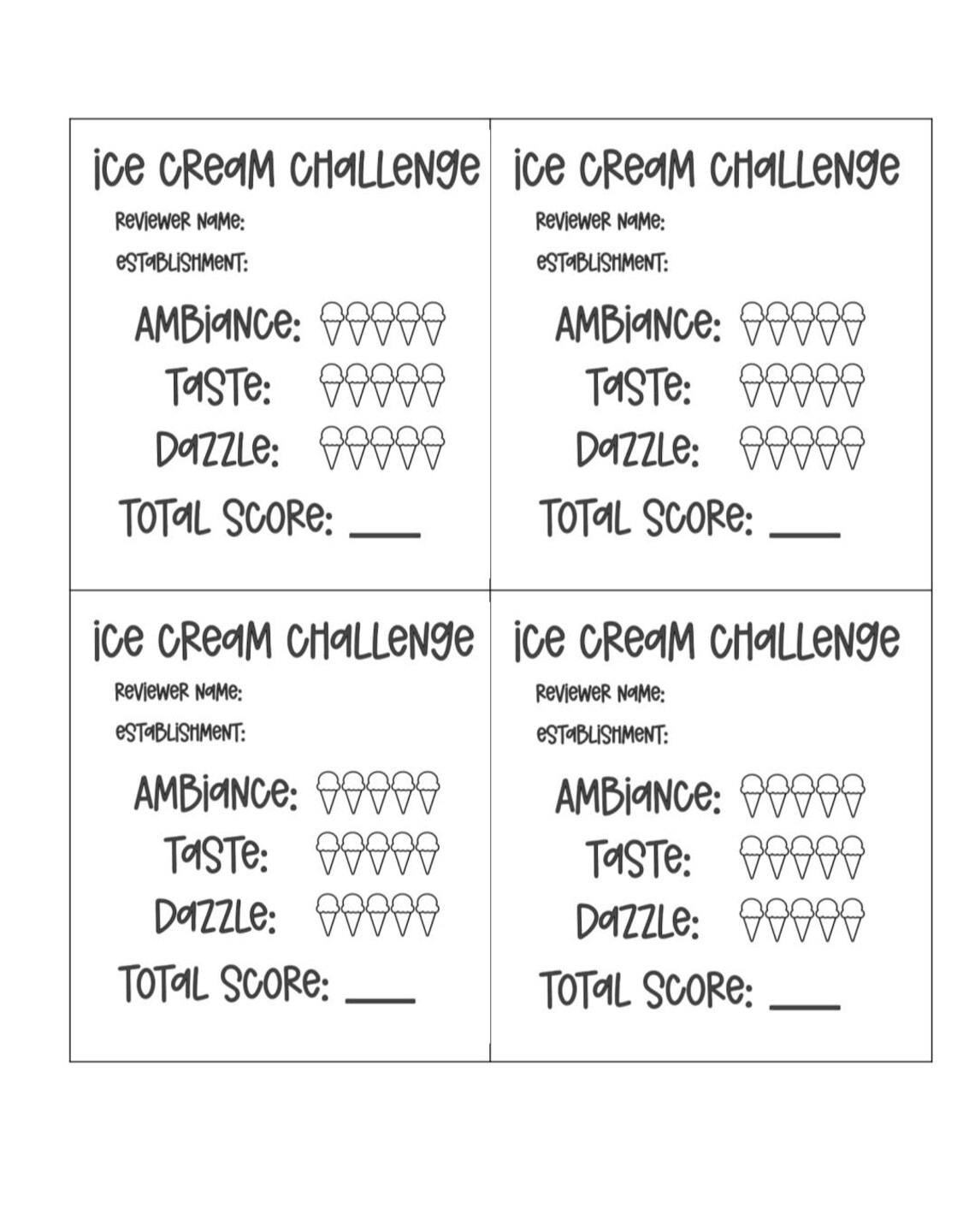 Icecream Challenge Score Sheet - Instant Download - Etsy