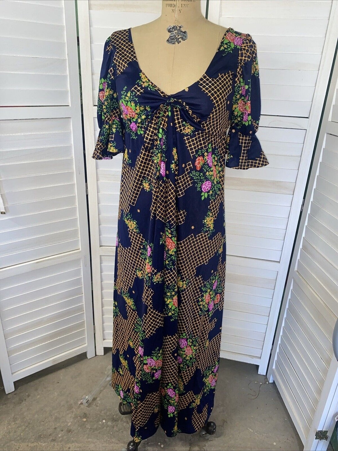 VTG Glydons 60s 70s Maxi Full Length Poly Knit Navy Floral Print Dress ...
