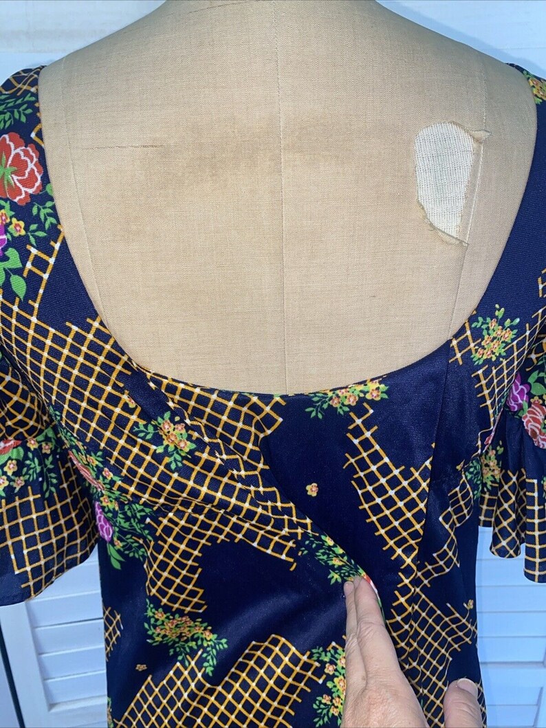 VTG Glydons 60s 70s Maxi Full Length Poly Knit Navy Floral Print Dress ...