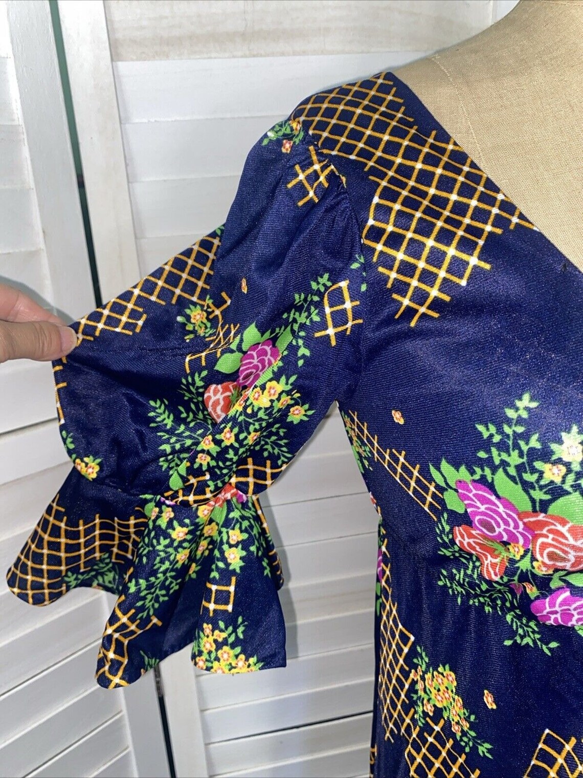 VTG Glydons 60s 70s Maxi Full Length Poly Knit Navy Floral Print Dress ...