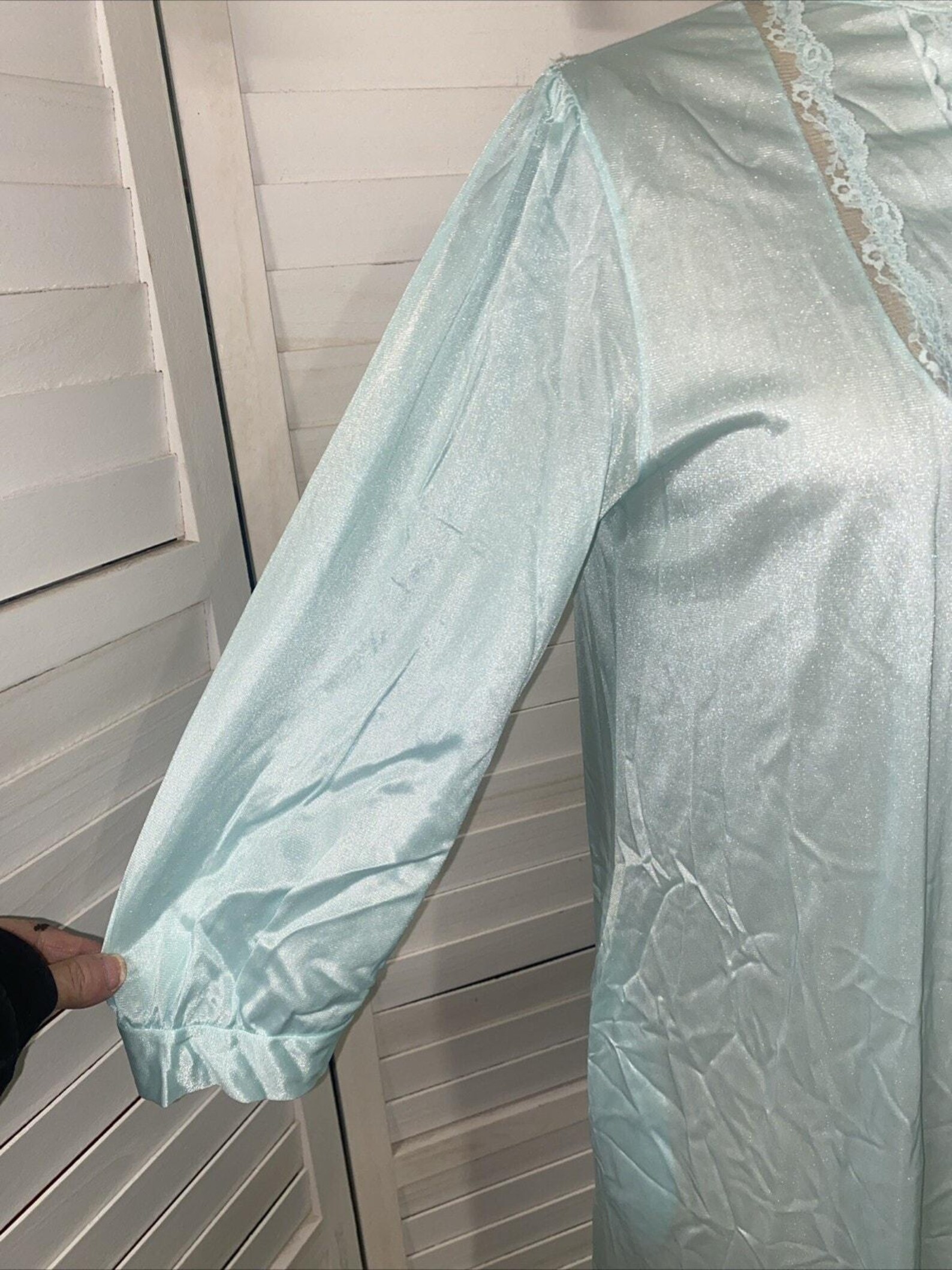 60s Vintage BLUE Nylon Lace Lingerie Robe Gown Button Front 3/4 Sleeve ...